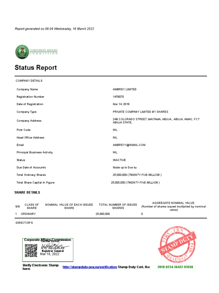 Application For Registration of Company - Ambrey Limited Certified ...
