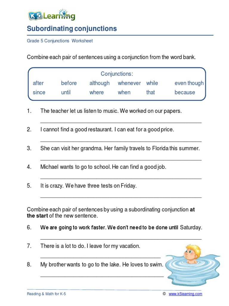 Grade 5 Subordinating Conjunctions A | PDF