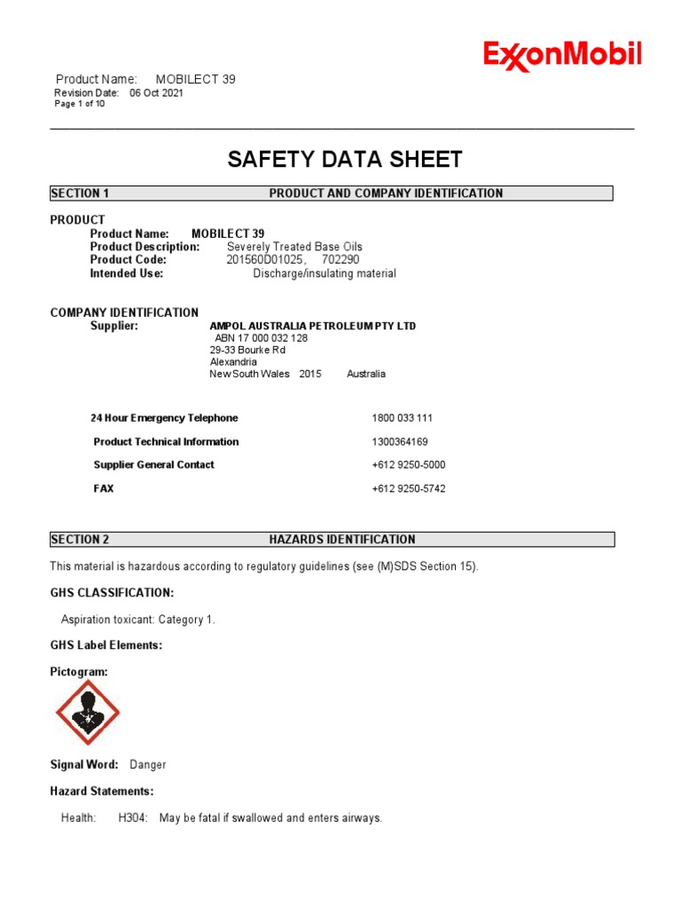 Safety Data Sheet: Product Name: MOBILECT 39 | PDF | Firefighting | Fires