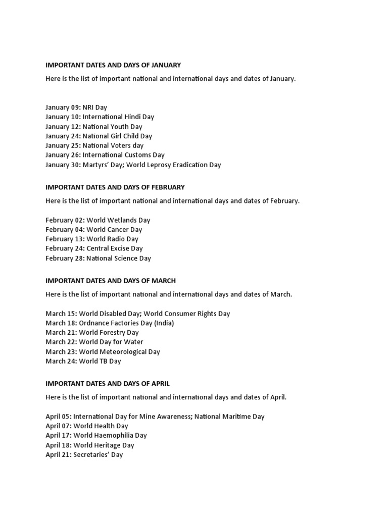 Important Dates and Days of January | PDF