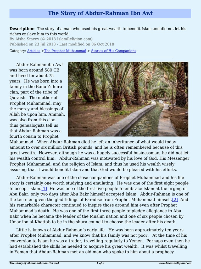 The Story of Abdur-Rahman Ibn Awf 11334 en | PDF | Muhammad | Abrahamic Religions