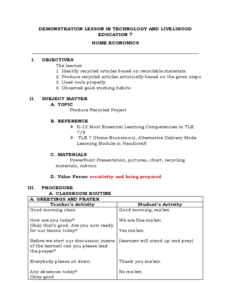Casaria Remjenne G. Btled He 4a Skilled Lesson Plan | PDF | Recycling ...