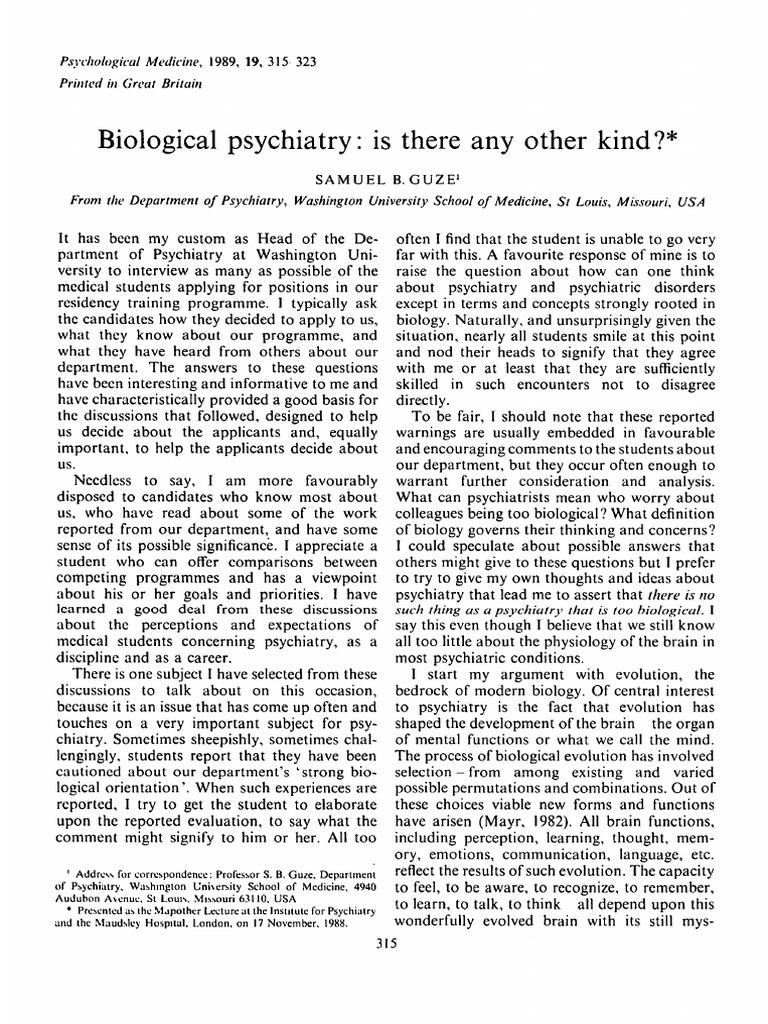 Biological Psychiatry Is There Any Other Kind Samuel B. Guze 1989 | PDF ...