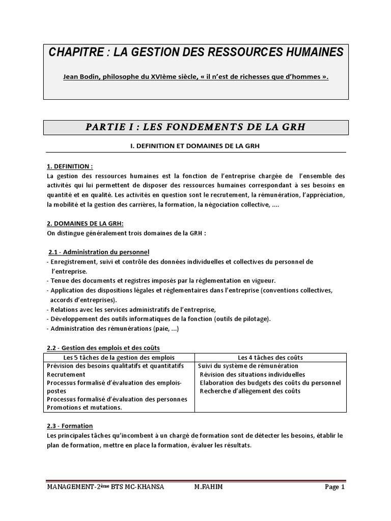 Cours GRH | PDF | Recrutement | Gestion des ressources humaines