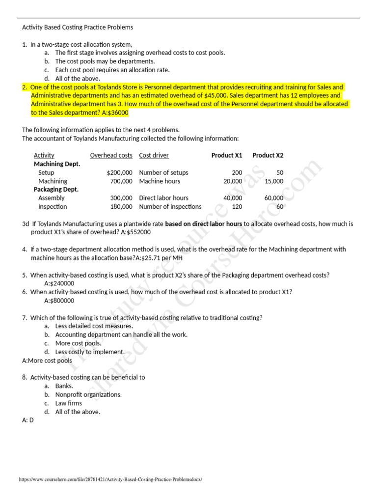 Activity Based Costing Practice Problems Explained | PDF | Cost ...