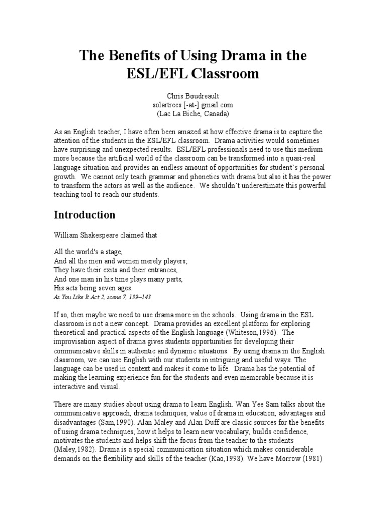 The Benefits of Using Drama in The ESL-Boudreault | PDF | English As A ...