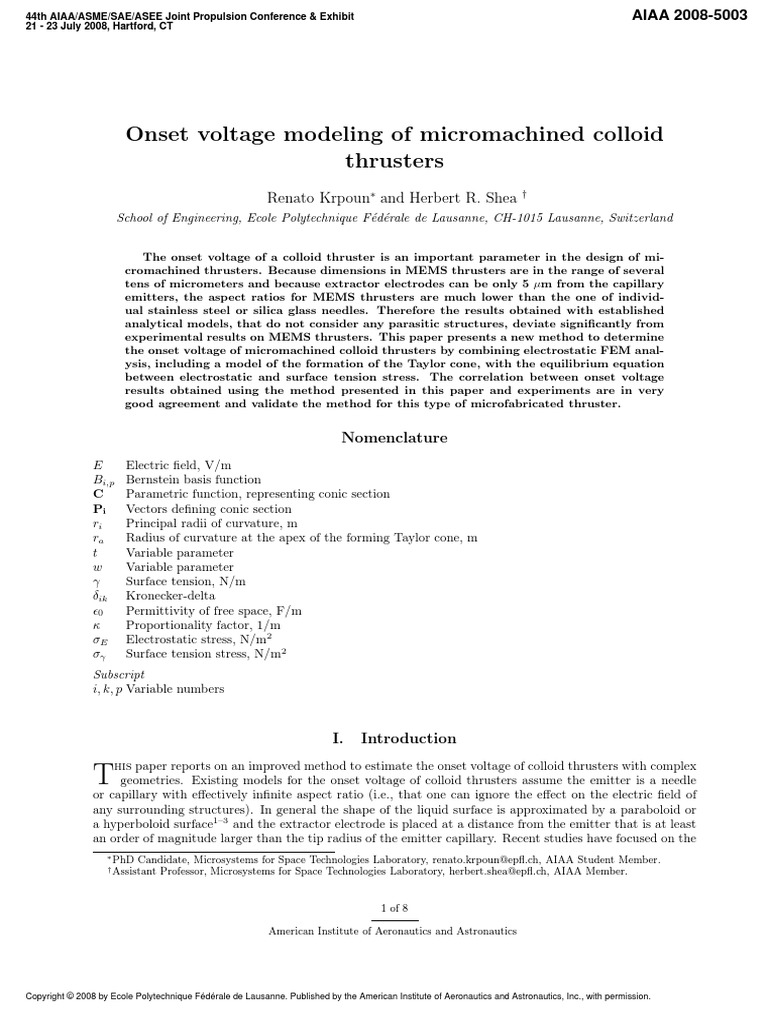 Onset Voltage Modeling of Micromachined Colloid Thrusters | PDF ...