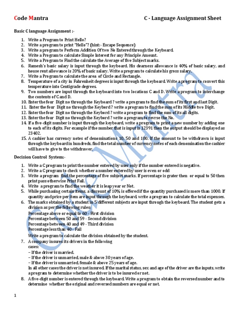 Ode Antra: C - Language Assignment Sheet | PDF | C (Programming ...