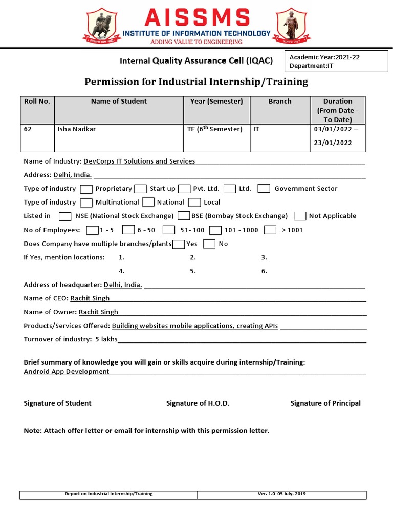 Internship - Permission Letter | Download Free PDF | Computing | Software