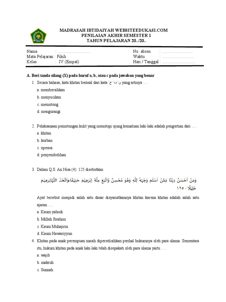 Soal PAS Fikih MI Kelas 4 KMA 183 | PDF