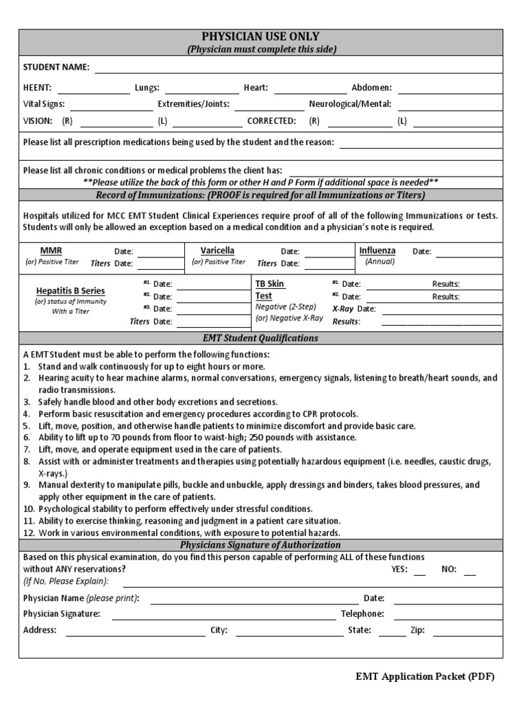 Emt Physical Form | PDF | Emergency Medical Technician | Physician