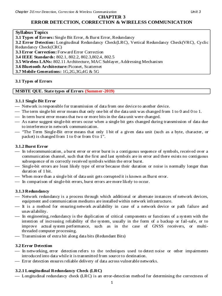 Upto Ct1 Chapter 3 Error Detection Correction And Wireless Communication Pdf Error Detection