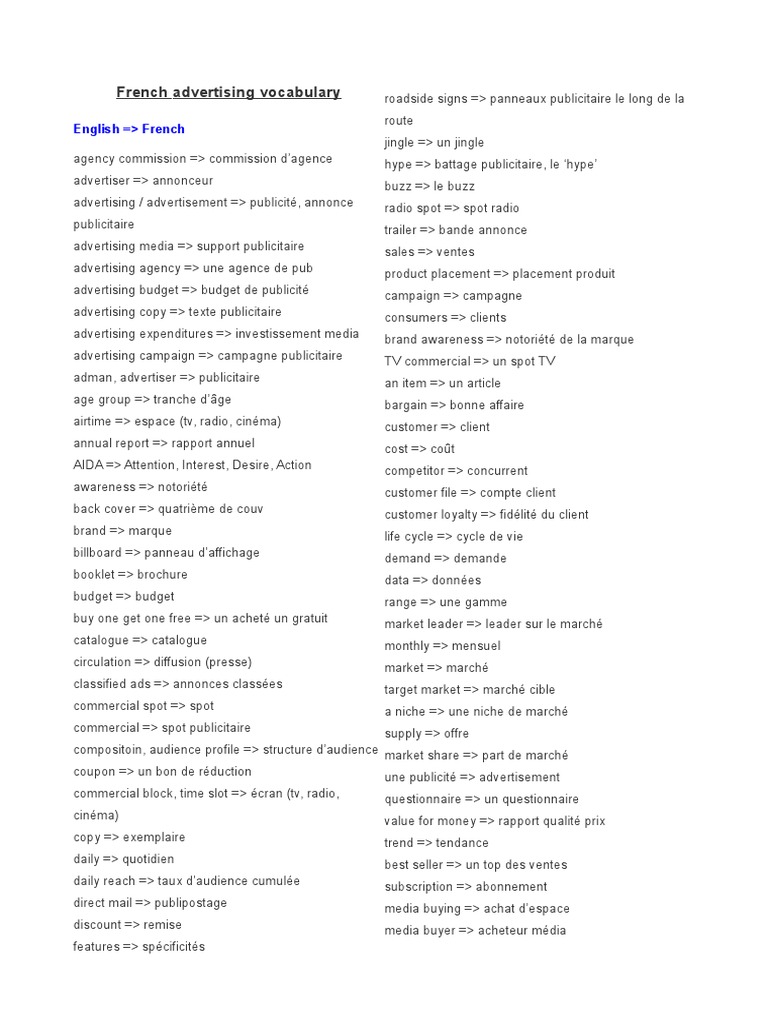 French Advertising Vocabulary Guide | PDF | Advertising | Brand