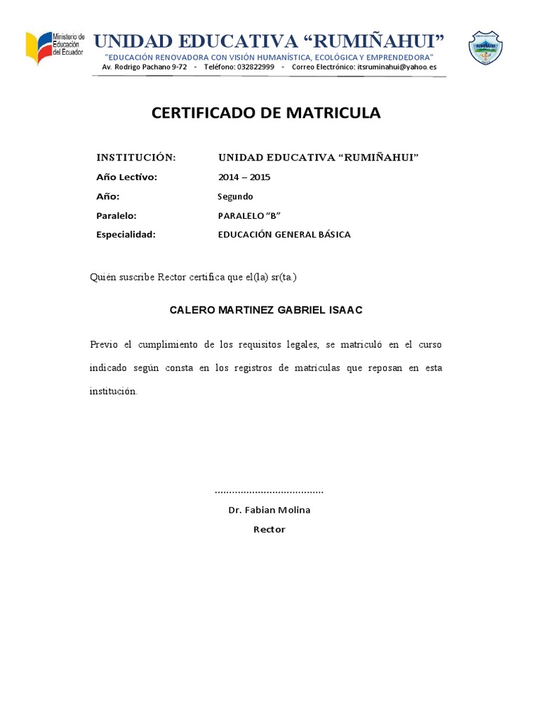 Certificado de Matricula | PDF