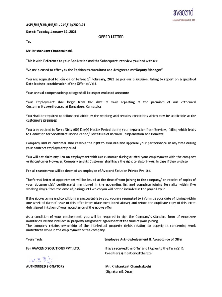 Mr. Krishankant Chandrakoshi - Offer Letter | PDF | Salary | Employment
