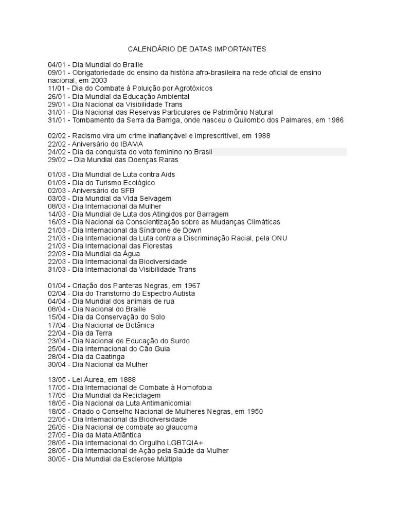 Calendário de Datas Importantes | PDF