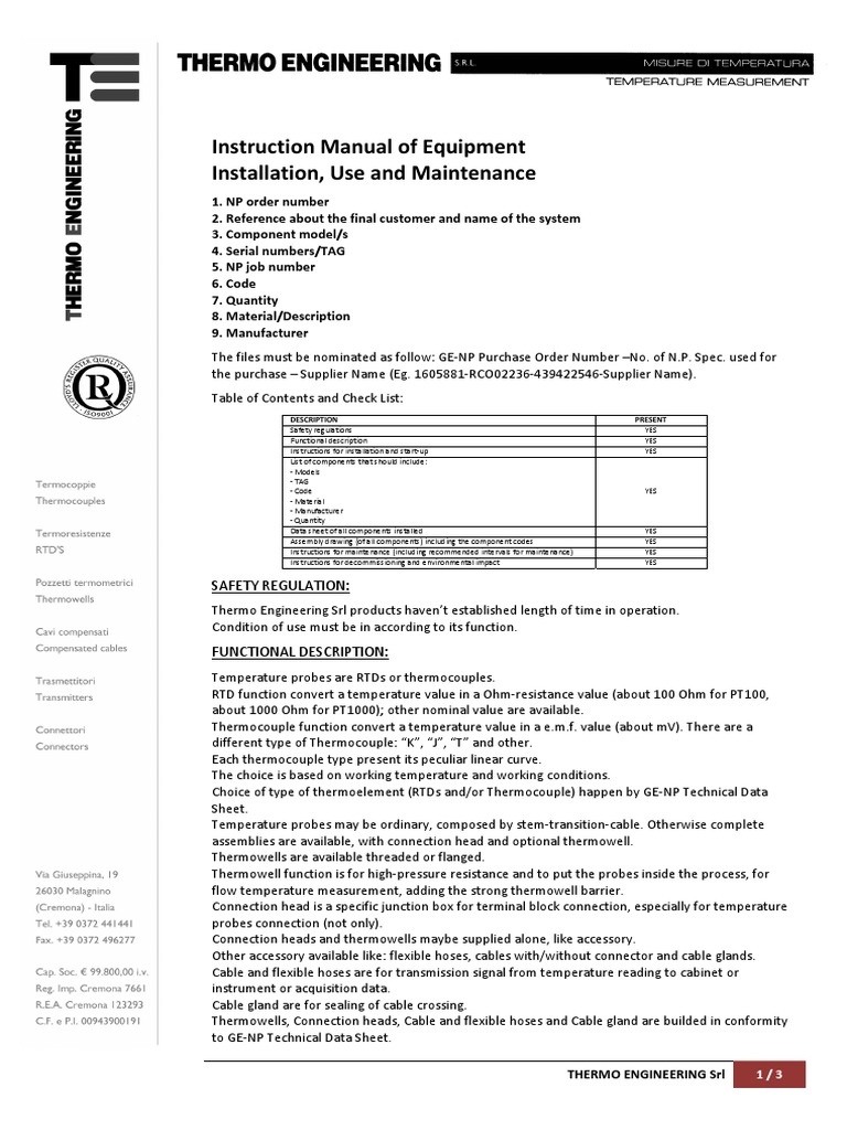 Instruction Manual of Equipment Installation, Use and Maintenance | PDF ...