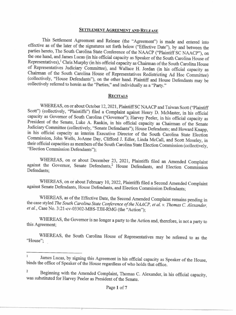 Aclu SC Redistricting 5-5-2022 Signed Settlement Agreement | PDF ...