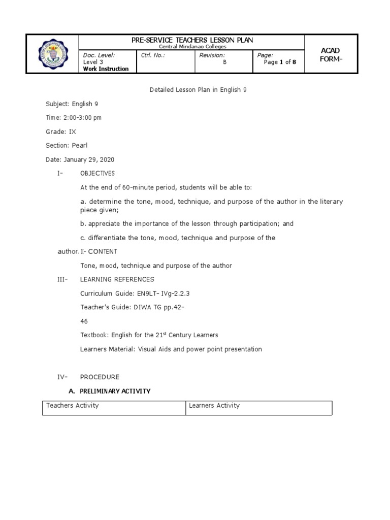 Tonemoodtechnique and Purpose of The Author Lesson Plan | PDF | Lesson ...