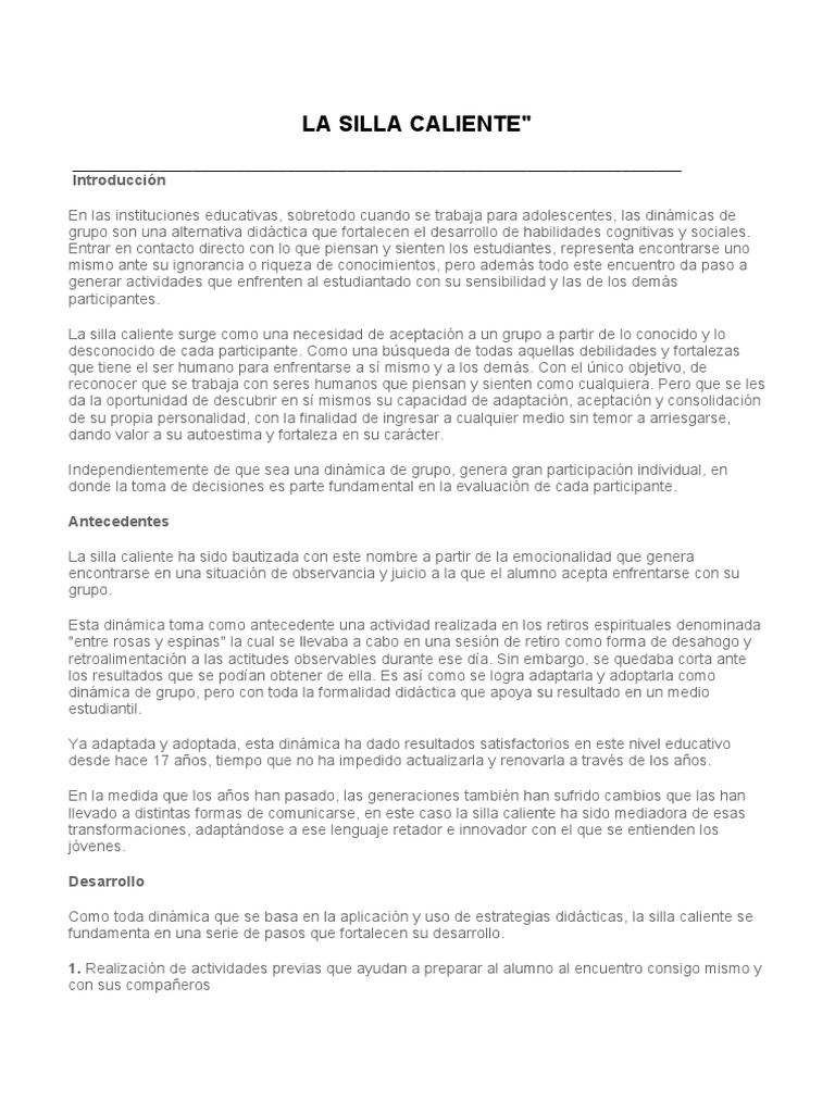 Dinámica de la Silla Caliente en Educación | PDF | Autoestima ...