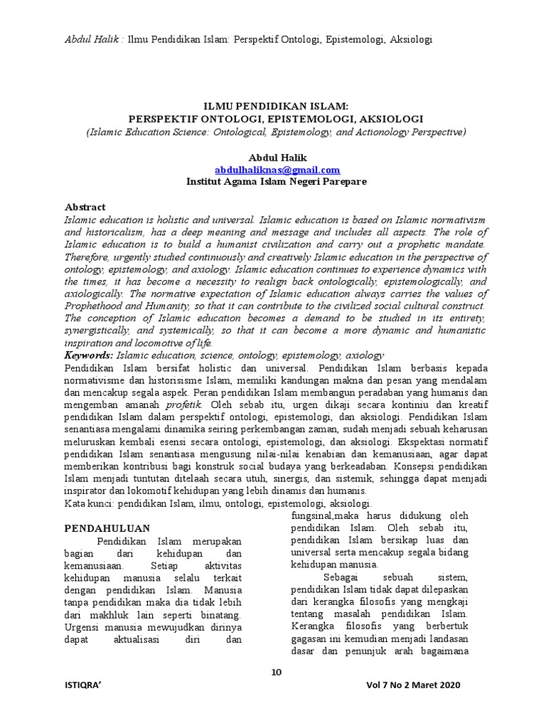 Ilmu Pendidikan Islam: Perspektif Ontologi, Epistemologi, Aksiologi Abdul Halik Institut Agama ...