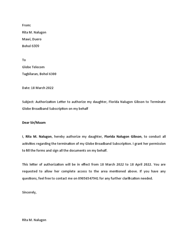Letter of Authorization Termination of Subscription | PDF