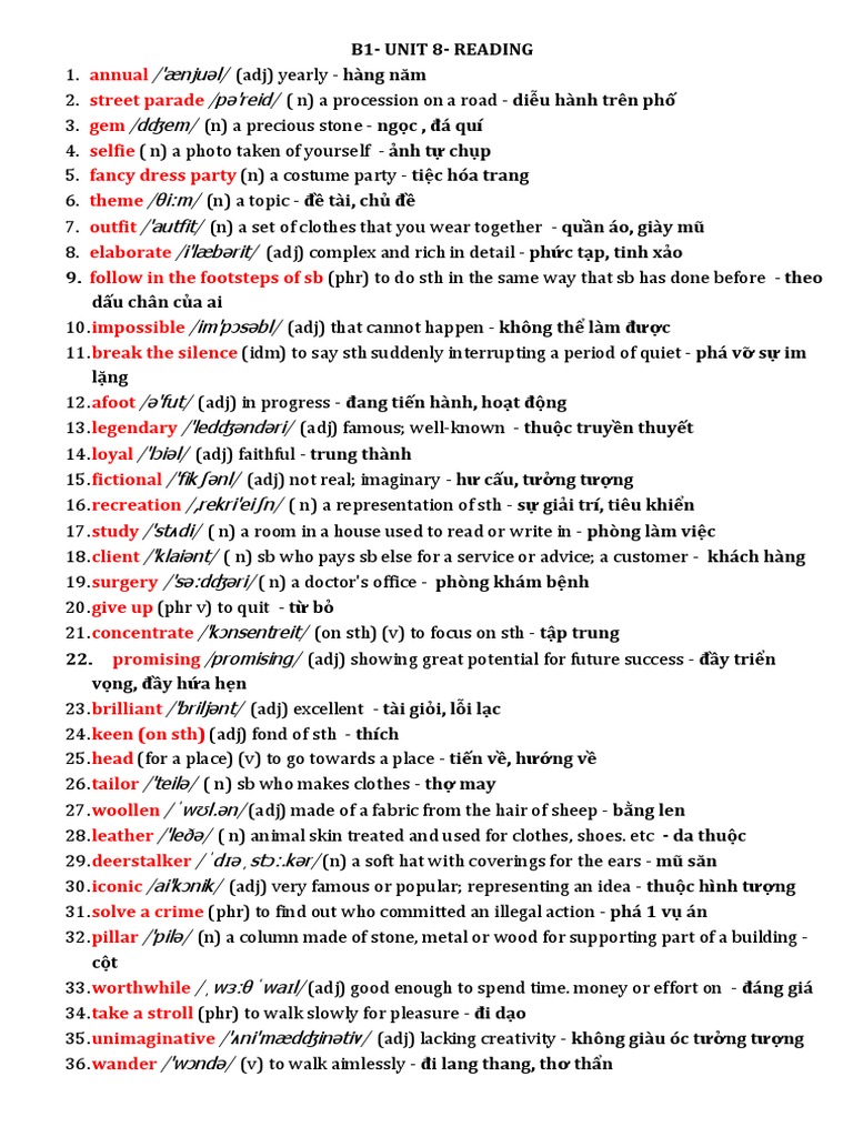 Vocabulary - Unit 8 - Reading | PDF