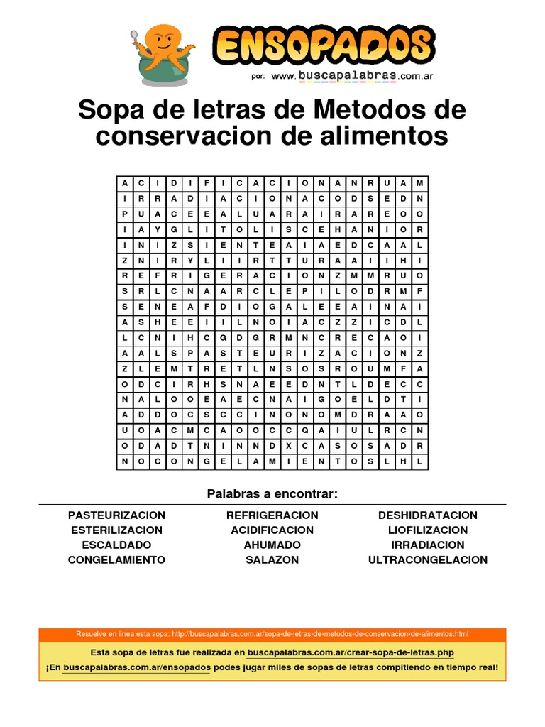 Sopa de Letras de Metodos de Conservacion de Alimentos | PDF | Ciencia ...