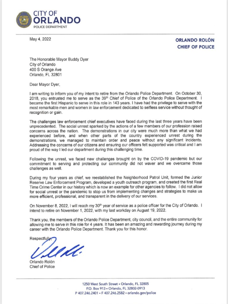Orlando Police Chief Orlando Rolón Announces Retirement | PDF