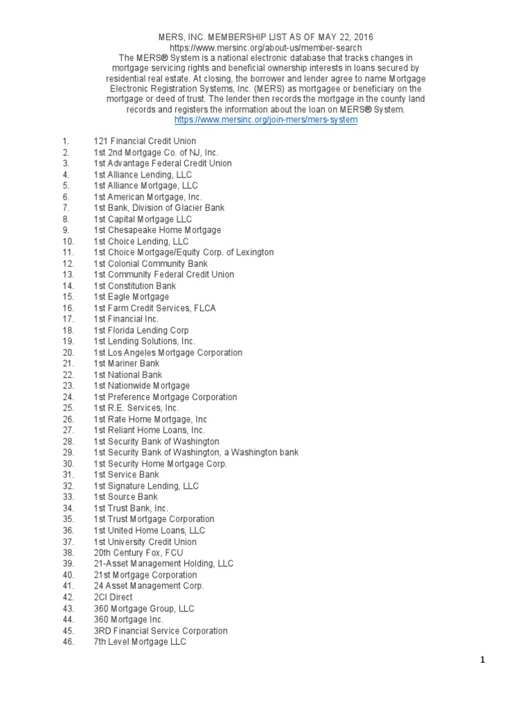 MERS Membership List As of 5:22:16 | PDF | Mortgage Loan | Credit