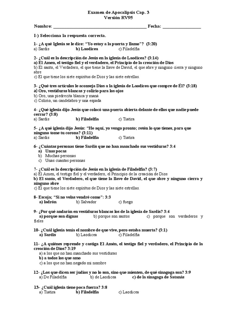 Examen de Apocalipsis Cap 3 | PDF | Creencia religiosa y doctrina