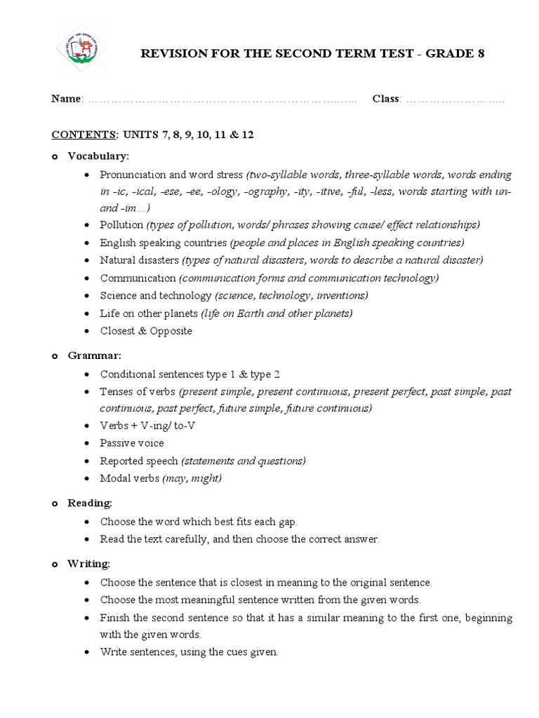 Revision For The Second Term Test - Grade 8 | PDF | Escalator | Linguistics