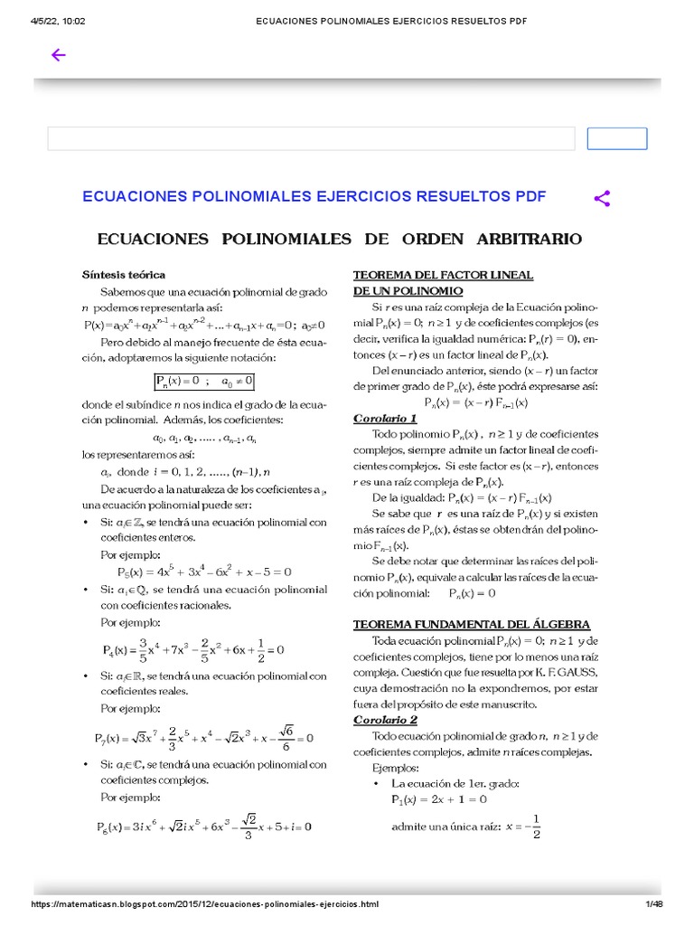 5-Ecuaciones Polinomiales Ejercicios Resueltos PDF | PDF | Ecuaciones | Polinomio