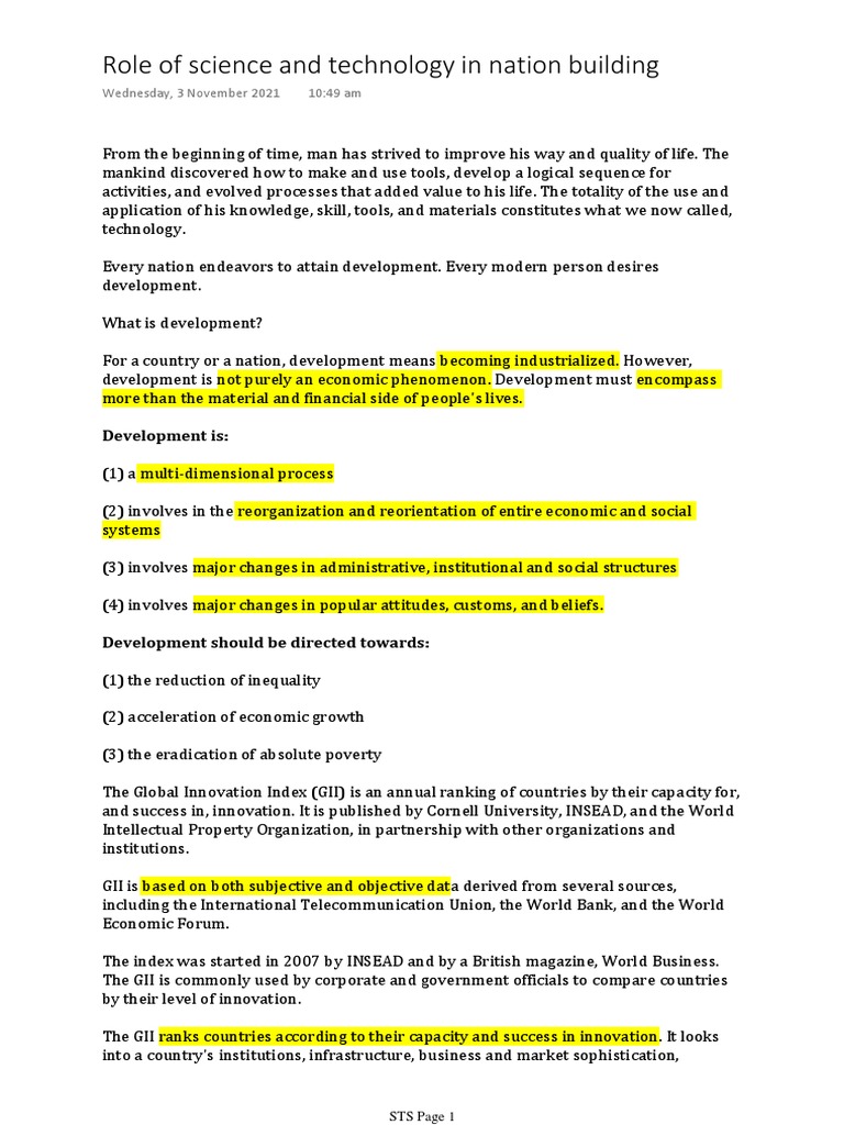 Role of Science and Technology in Nation Building | PDF | Innovation ...