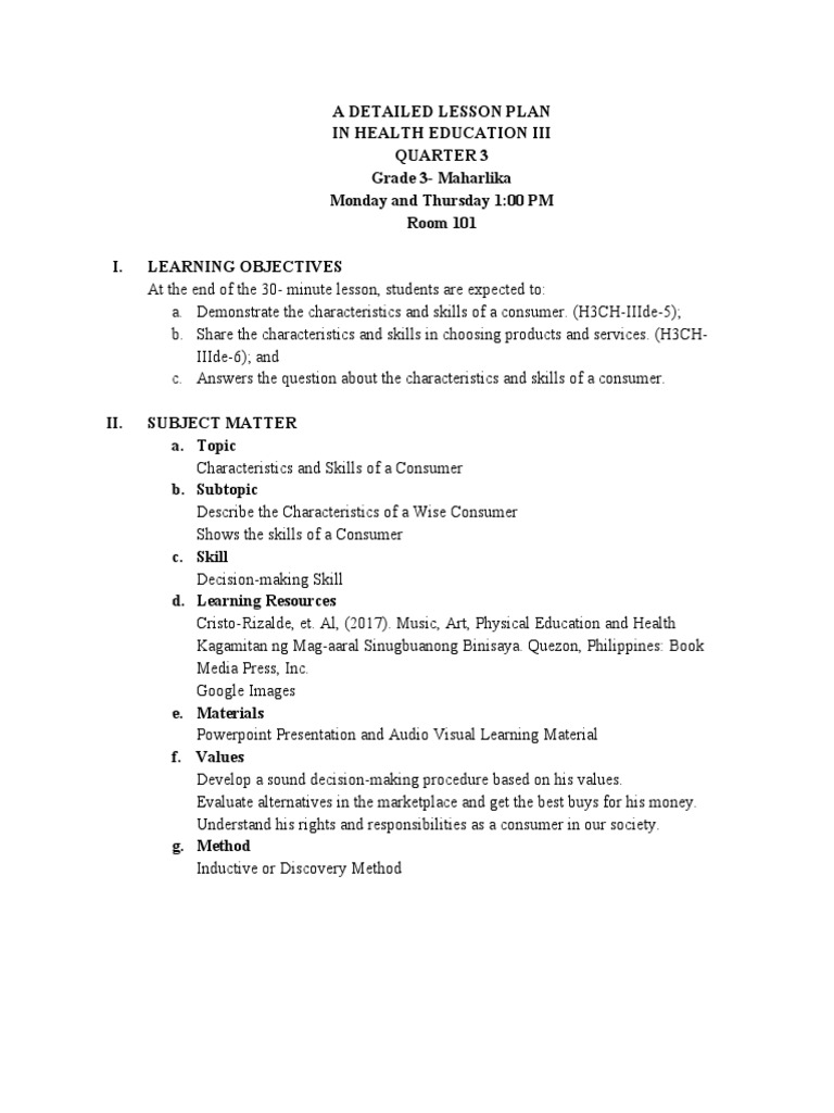 A Detailed Lesson Plan in Health Education Iii Quarter 3 | PDF