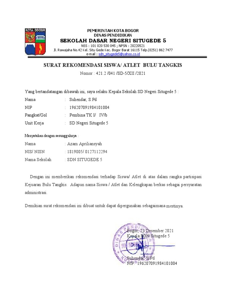 Surat Rekomendasi Atlet - Perumperindo.co.id