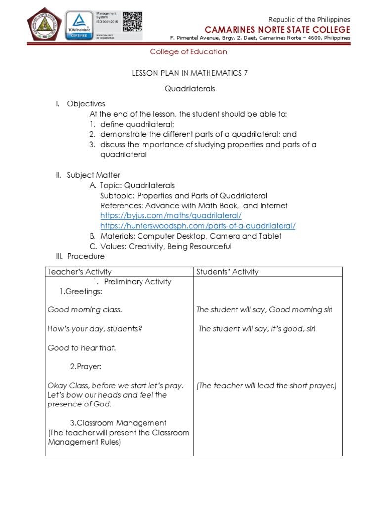 Class 8 Lesson Plan: Understanding Quadrilaterals | PDF | Angle ...