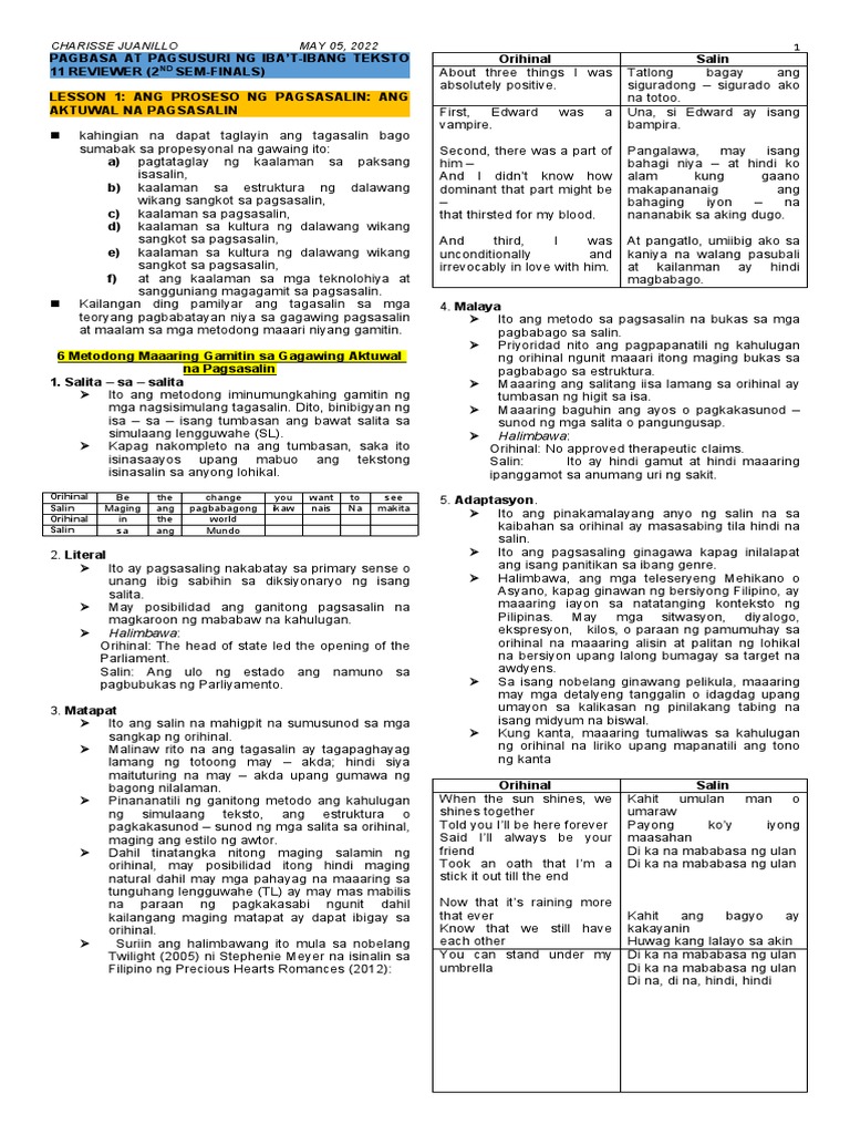 Pagbasa at Pagsusuri NG Iba't-Ibang Teksto Reveiwer 11 (2ND Sem-Finals) | PDF