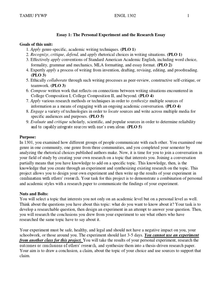 Essay 1 Prompt Experiment and Research 1302 | PDF | Essays | Experiment
