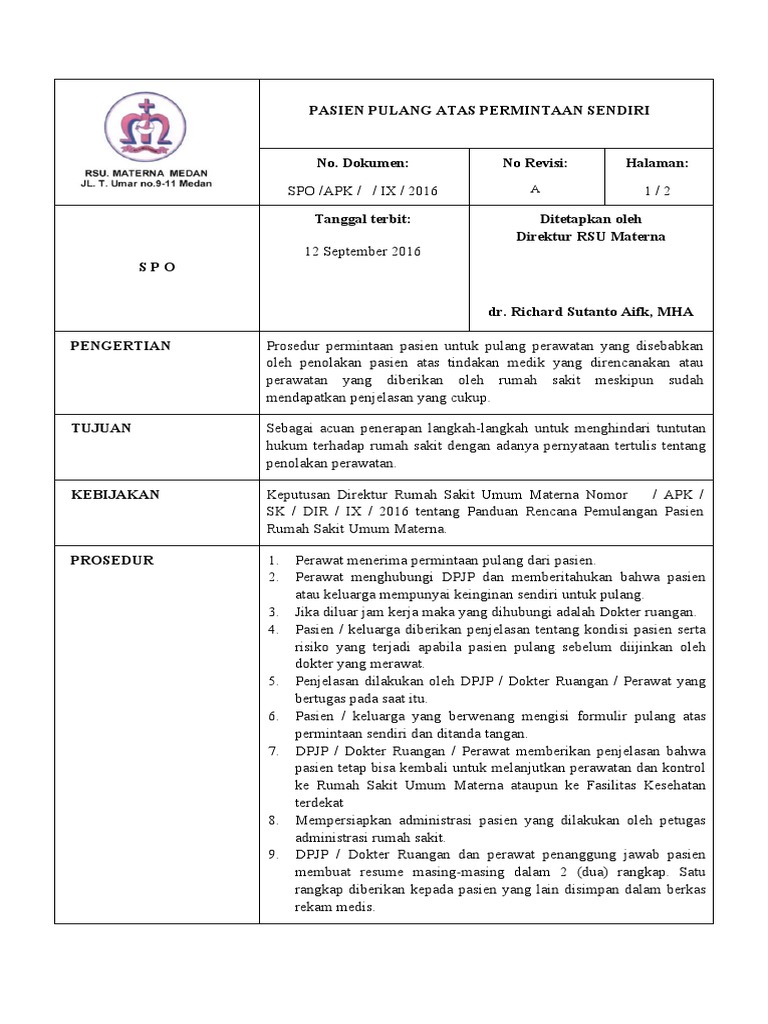 Spo Pasien Pulang Atas Permintaan Sendiri Pdf