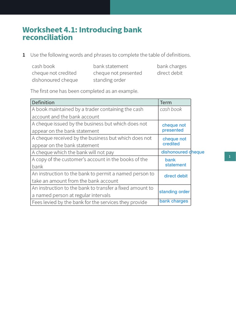 Worksheet 4.1 Introducing Bank Reconciliation | PDF | Cheque | Banks