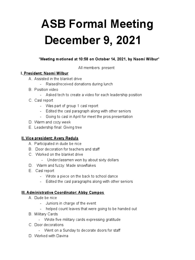 Nov Dec Asb Meeting Minutes | PDF | Students