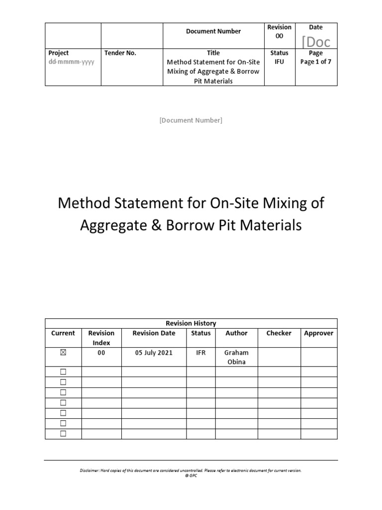 Method Statement For Aggregates & Borrow Pit Materials On-Site Mixing | PDF