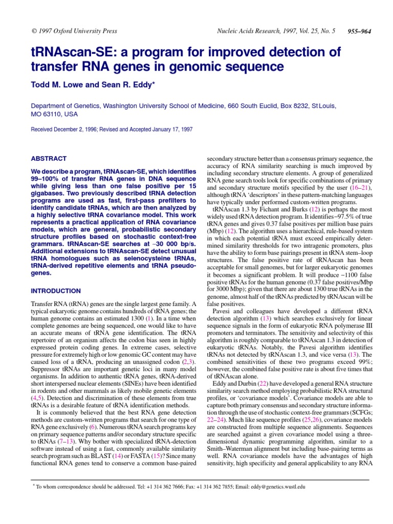 Artigo tRNAscan-se250955 | PDF | Intron | Gene