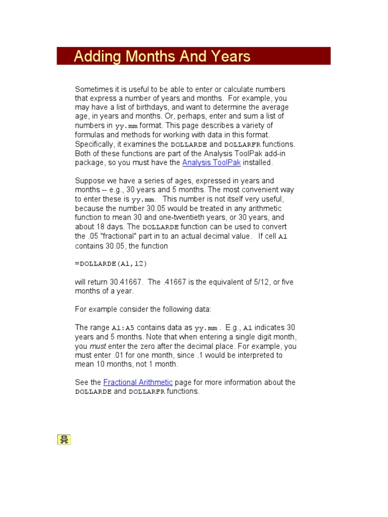 Adding Months and Years: Analysis Toolpak | PDF | Finance & Money ...