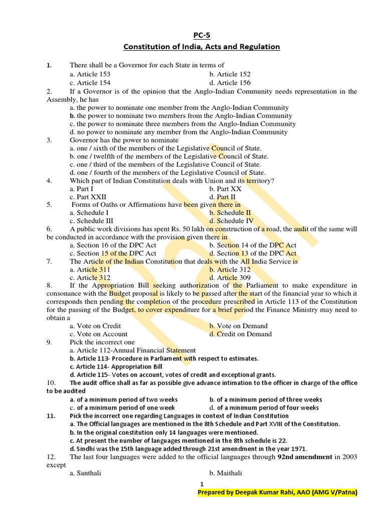 Constitution of India, Acts and Regulations: Key Provisions Regarding ...