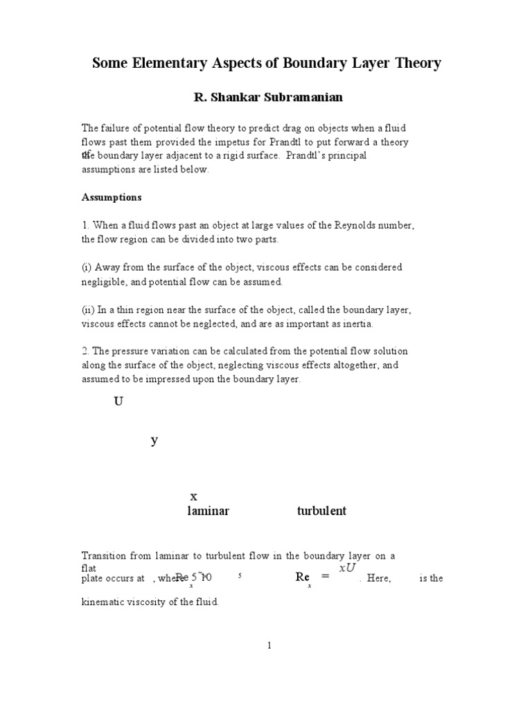 Some Elementary Aspects of Boundary Layer Theory: R. Shankar Subramanian | PDF | Drag (Physics ...