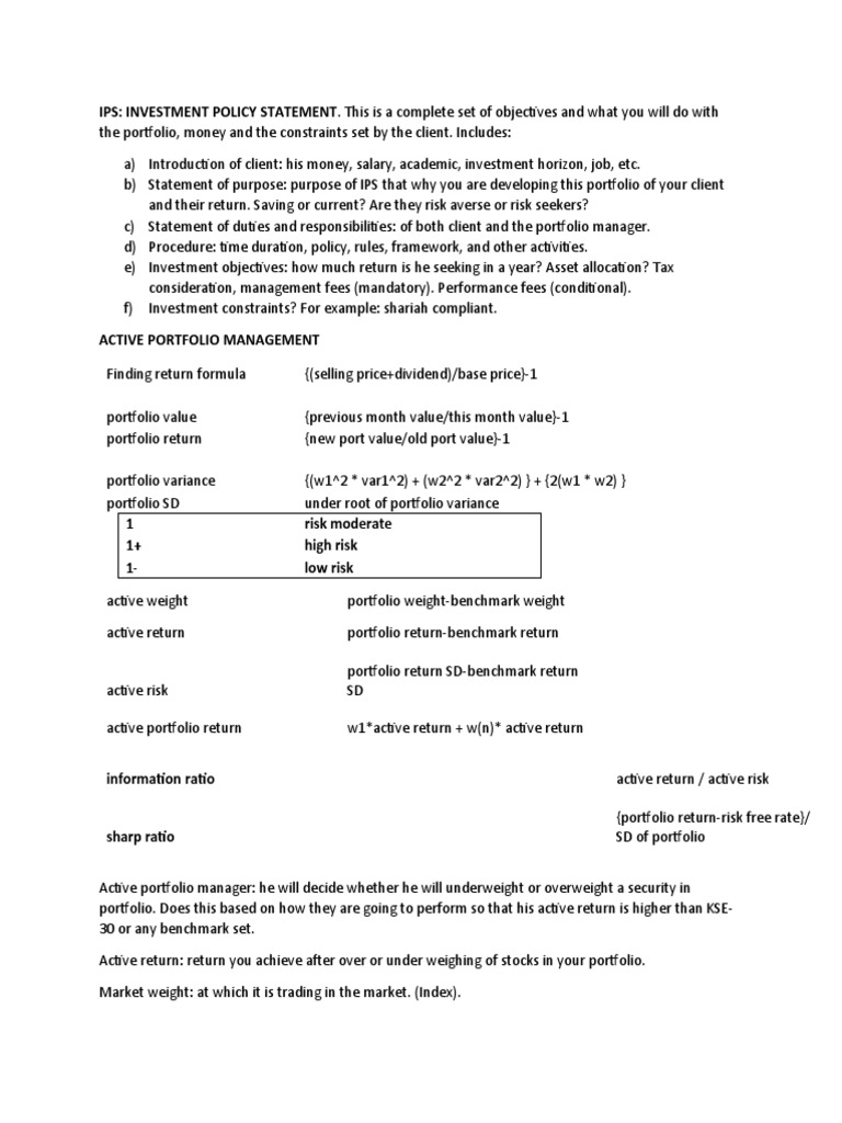 IPS INVESTMENT POLICY STATEMENT This Is A Complete Set Of Objectives 