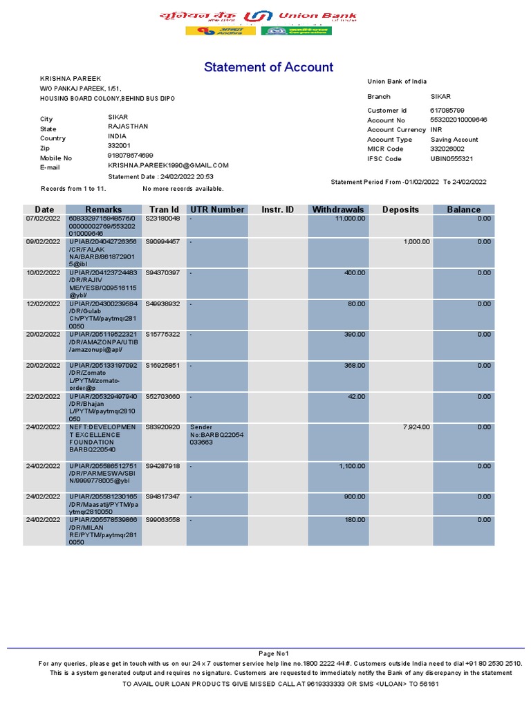 Union Bank statement transactions and balance | PDF | Economies | Money