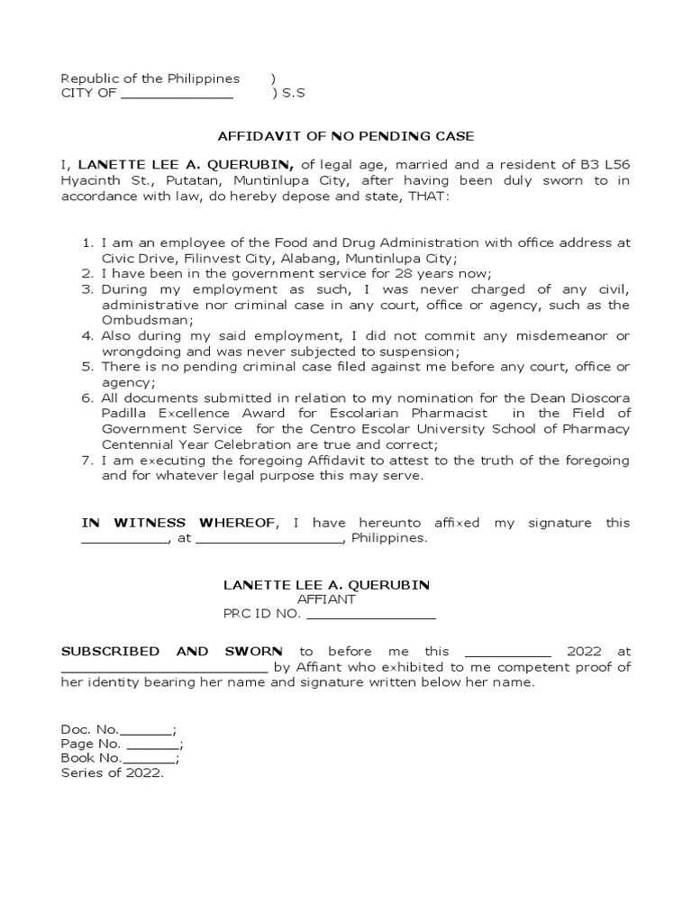 Affidavit of No pending Criminal/administrative Case | PDF